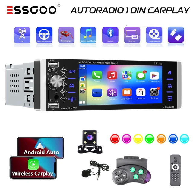 1DIN AUTORADIO ANDROID Wireless Carplay EQ SWC Bluetooth USB FM Microfono Camera EUR 73,99 ...