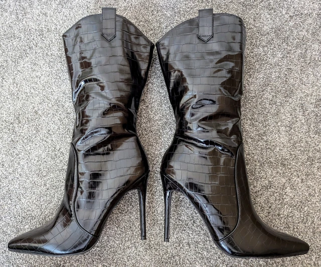 BLACK PATENT CROC PU Western Style Stiletto Boots UK 8 / EU41 BNIB ...