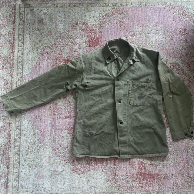 VTG HBT HERRINGBONE War Military Marines USMC damaged Soldier Shirt L ...