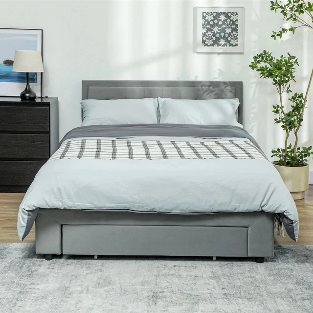 HOMCOM DOUBLE BED Frame with Storage and Adjustable Velvet Headboard £ ...
