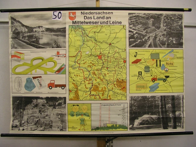 SCHULWANDKARTE WALL CHART Roll Chart Card Map Lower Saxony Weser Line ...