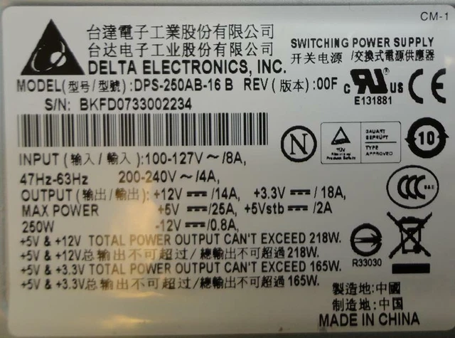 DELTA ELECTRONICS 250W Power Supply Unit / PSU DPS-250AB-16 B £14.99 ...