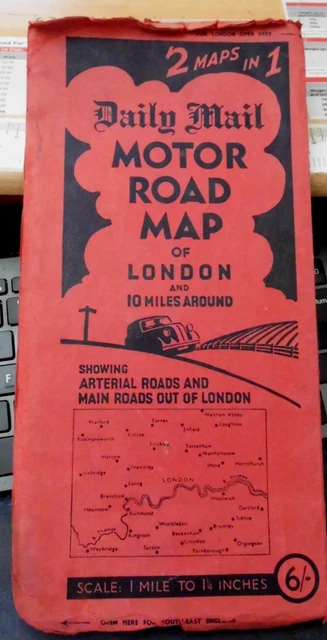 DAILY MAIL MOTOR Road Map of London (c1930s) + South East England ...