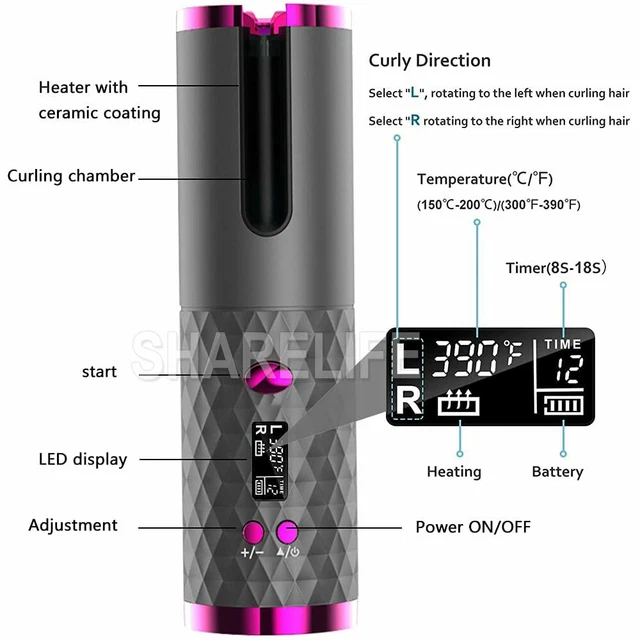 AUTO CORDLESS ROTATING Hair Curler Waver Curling Iron Wireless LCD ...