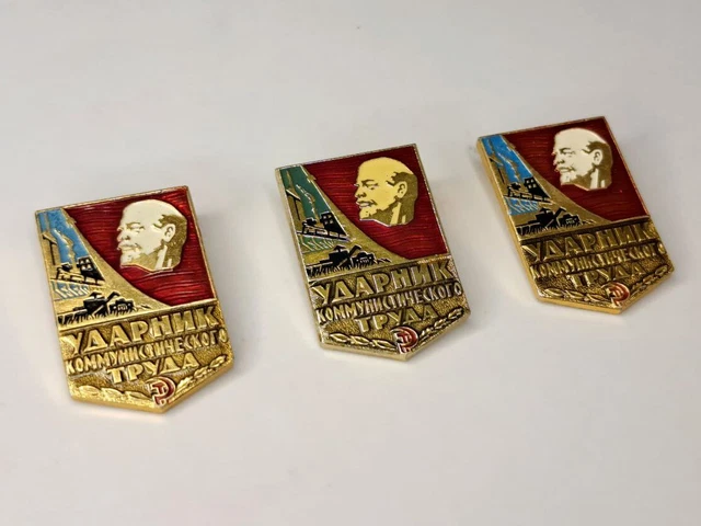 VINTAGE ORIGINAL POLITICAL USSR Lenin gold tone enamel lot of 3 lapel ...