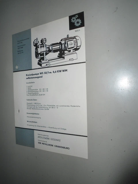 DATENBLATT PROSPEKT LANDWIRTSCHAFT DDR Kreiselpumpe WS 32/1 EUR 12,00 ...