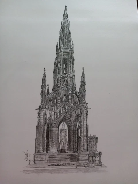 ORIGINAL. PEN AND Ink Drawing Of Edinburgh City Walter Scott Monument ...