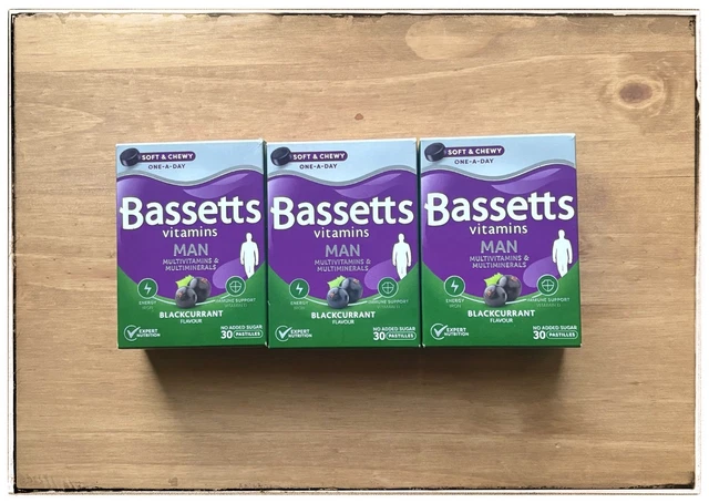3 X BASSETTS Man Multivitamins Blackcurrant Flavour 30 pastilles (90 ...