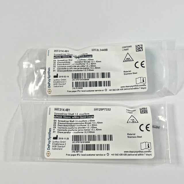 2 X SYNTHES 314.481 Screwdriver Shaft 1.0mm Cruciform L: 62mm & Holding ...