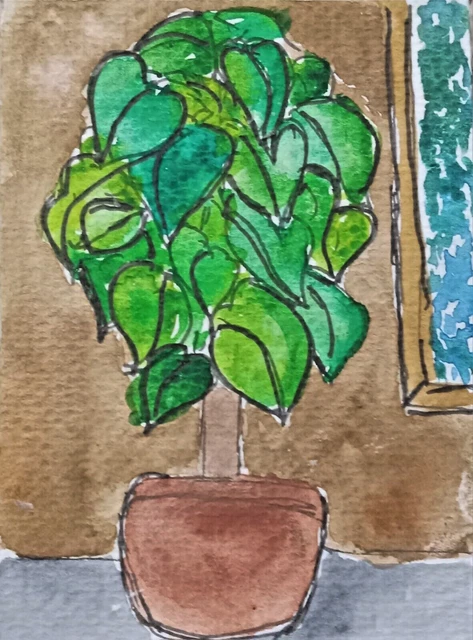 ACEO ORIGINAL NAIVE Modern Art Watercolor Painting Simple Potted Plant ...