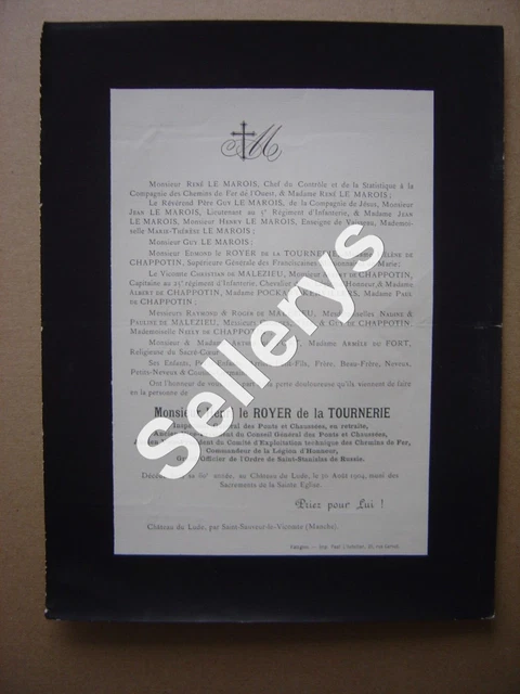 FAIRE PART DE décès de Monsieur Henri LE ROYER de la Tournerie Château du Lude EUR 24,90 ...