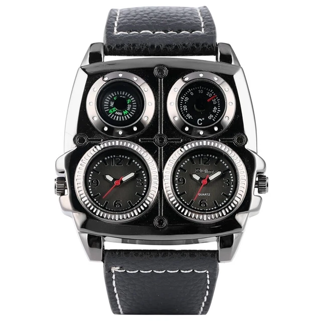 OULM MILITARY WATCHES Dual Time Zones Men's Quartz Watch Leather Band ...