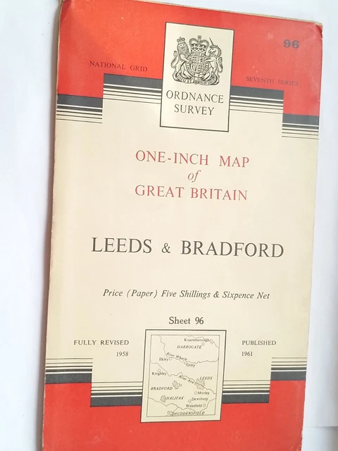 VINTAGE OLD 1960S Road Map Of England National GRID Sheet 96 Leeds ...