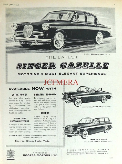 SINGER 'GAZELLE' RANGE of Motor Cars with Prices, Original 1959 Advert ...