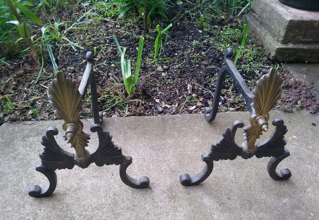 ANTIQUE IRON & Brass Fire Dogs - Art Nouveau Period £69.97 - PicClick UK