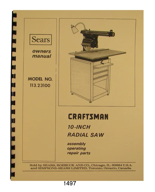 SEARS CRAFTSMAN 113.23100 10 Inch Radial Arm Saw Op & Parts Manual ...