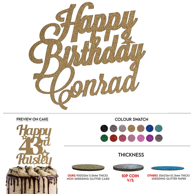 Personalised Glitter Happy Birthday Cake Topper Custom Party Decoration