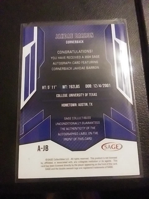 2024 SAGE HIT auto autographe argent recrue RC Jahdae Barron Texas EUR ...