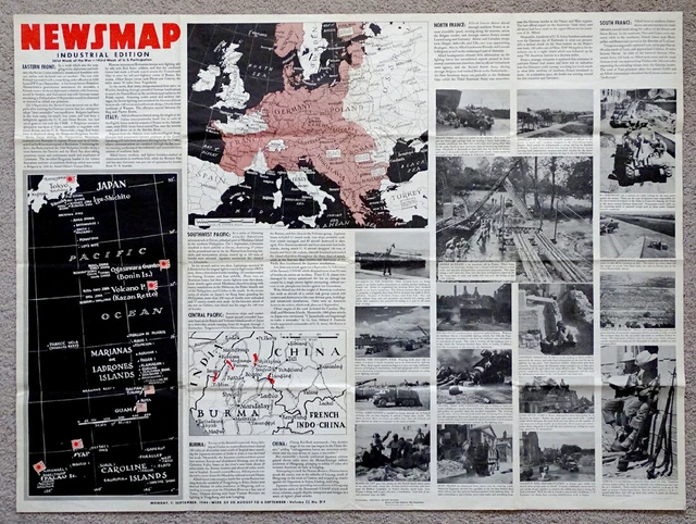 HUGE! 1944 VINTAGE WW2 Original OFFICIAL US ARMY NEWSMAP News WAR MAP ...