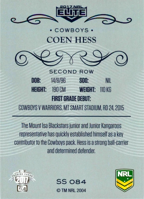 2017 NORTH QUEENSLAND COWBOYS NRL Card COEN HESS Silver Special EUR 3 ...