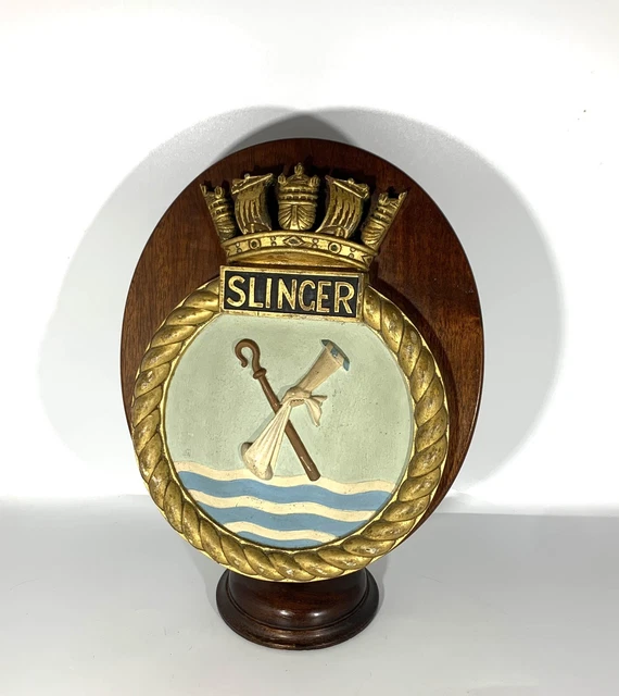 RARE WW2 ROYAL Navy HMS Slinger Ships Crest on Mahogany stand (c.1944 ...