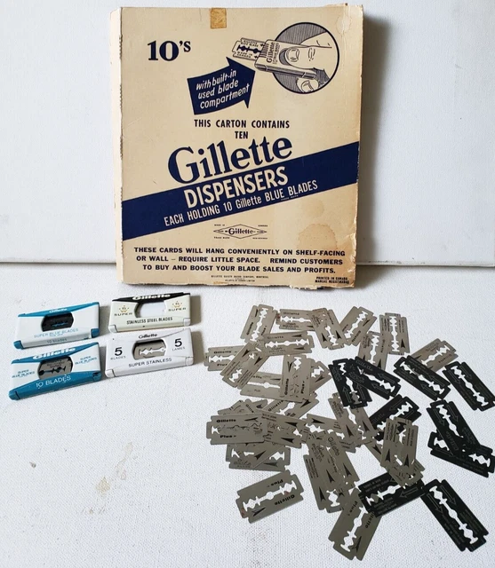 LOT VINTAGE GILLETTE BLUE BLADES Dispenser box Display Advertisement Ad ...