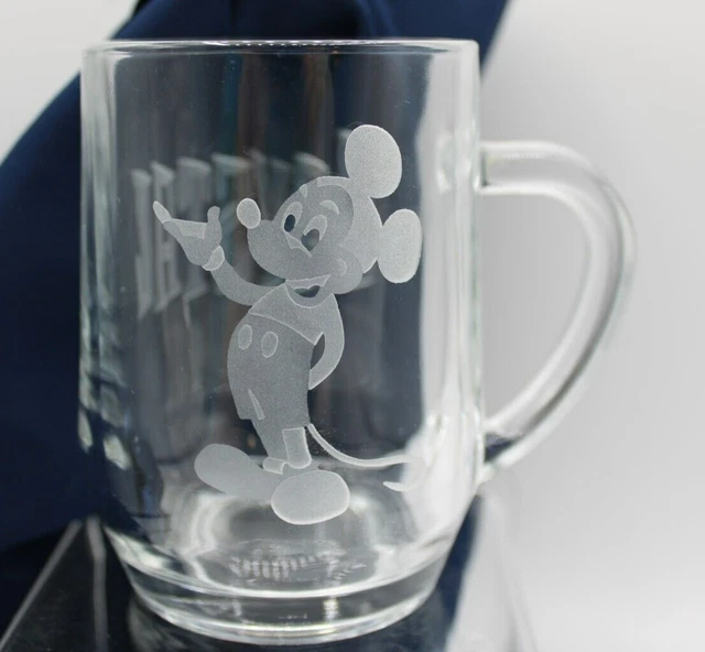 DISNEYLAND DISNEY’S MICKEY MOUSE Clear Etched Glass Mug Cup Coffee Tea ...