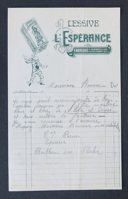 FACTURE LESSIVE L'ESPERANCE pierrot clown cirque circus illustrée ...