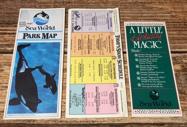 1986 SEA WORLD Orlando FL Park Map + Show Schedule + Leaflet Holiday ...