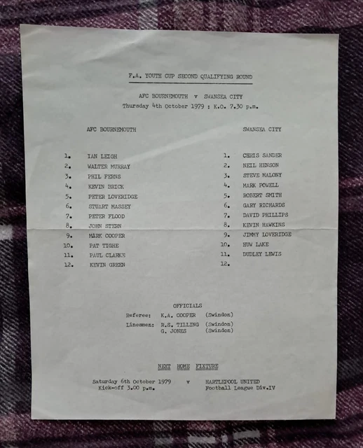 1979/80 FA YOUTH Cup 2nd Qualifying Round - AFC BOURNEMOUTH v. SWANSEA CITY £3.99 - PicClick UK