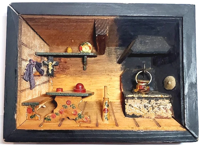 3D VINTAGE WOODEN Wood Shadow Box Diorama Old Fashioned Kitchen Scene 5 ...