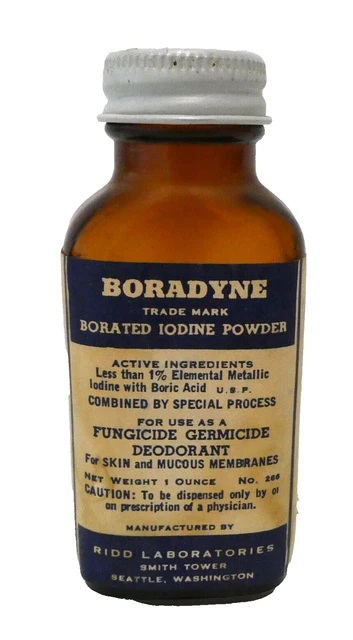VINTAGE BORADYNE HYDRATED Iodine Powder Bottle Ridd Laboratories ...