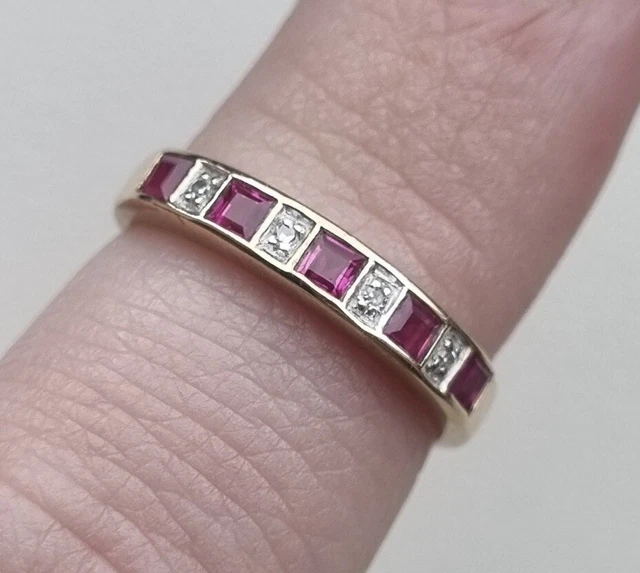 9CT YELLOW GOLD Synthetic Ruby & Diamond Half Eternity Ring 1.2g L 1/2 ...