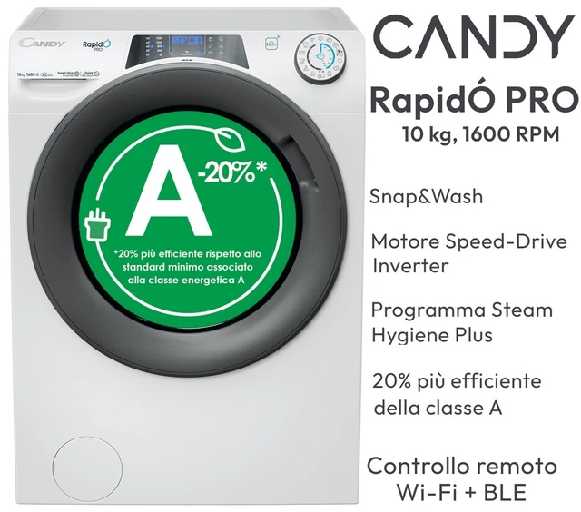 LAVATRICE 10 KG 1600 Giri A-20% Rapido' Pro Vapore Inverter Candy ...