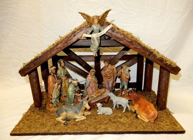 VINTAGE 13 PIECE Nativity Scene In Manger Baby Jesus, Mary, Shepherd, 3 ...