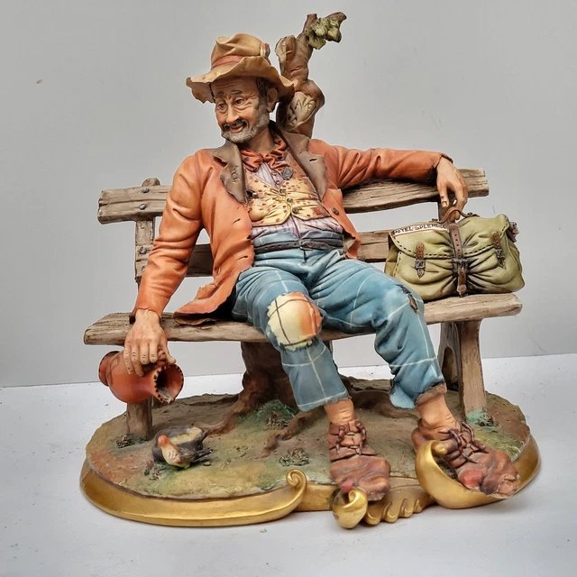 VINTAGE LARGE CAPODIMONTE Tramp on Bench Figurine Signed Volta 1980s £ ...