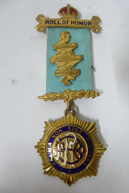 VINTAGE MASONIC LODGE Roll Of Honour Medal Badge Gold Plate Enamel ...
