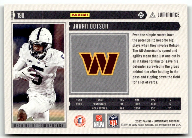 PANINI 2022 LUMINANCE NFL N° 190 Jahan Dotson Novato Verde 53/99 EUR 5 ...