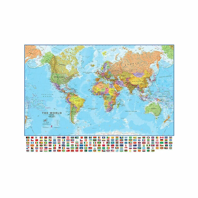 MAP OF THE WORLD POLITICAL MAP WITH FLAGS POSTER PRINT DECOR SIZE 59 ...
