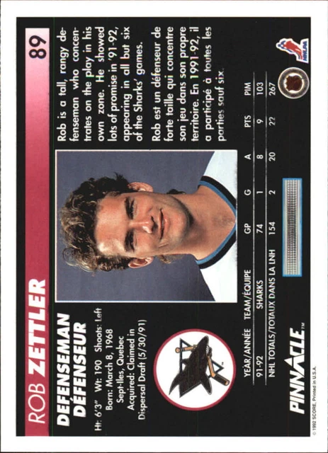 1992-93 (SHARKS) PINNACLE Français #89 Rob Zettler EUR 2,21 - PicClick FR