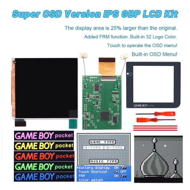 GAME BOY POCKET IPS Backlight Screen Kit Logo Color Adjustment w/Pre ...