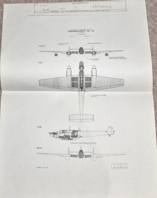 VINTAGE HIGH QUALITY Aircraft Scale Diagram German Messerschmitt ME 110 ...