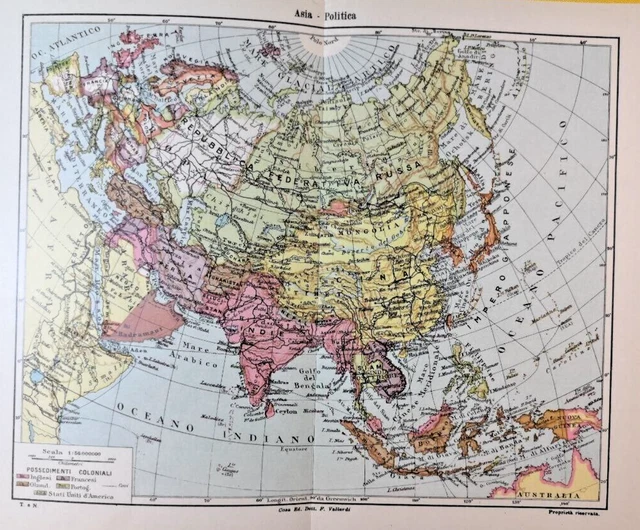 1920S ASIA CONTINENT Political Original Vintage Geographical Map 13 x10 ...