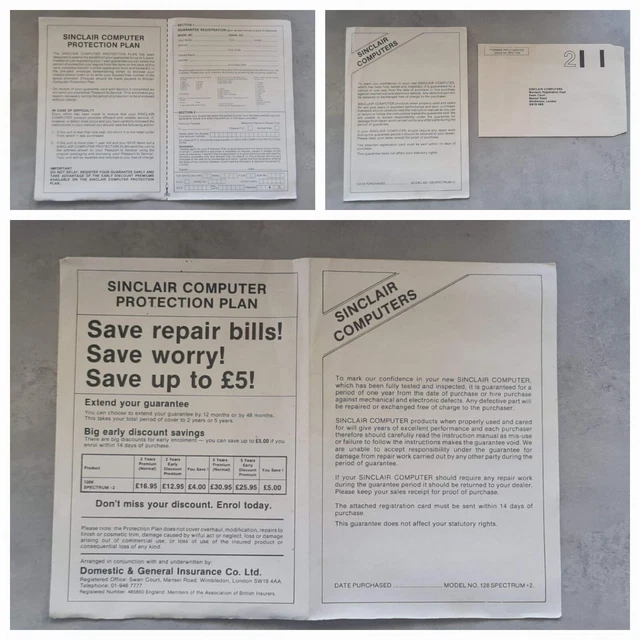 ORIGINAL SINCLAIR COMPUTER Protection Plan Warranty Sinclair ZX ...