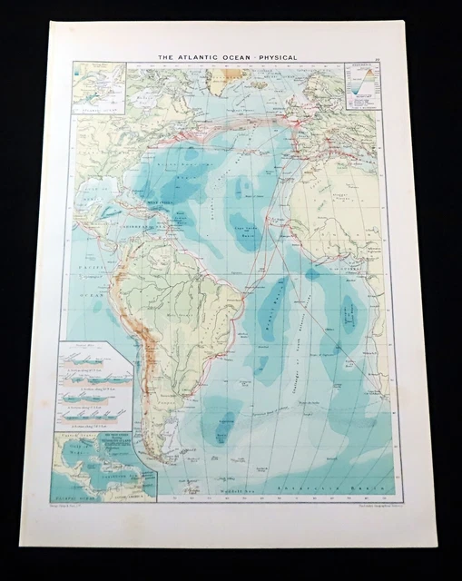 ANTIQUE STEAMSHIP ROUTES Atlantic Ocean Depth Chart Physical Map 1905 ...