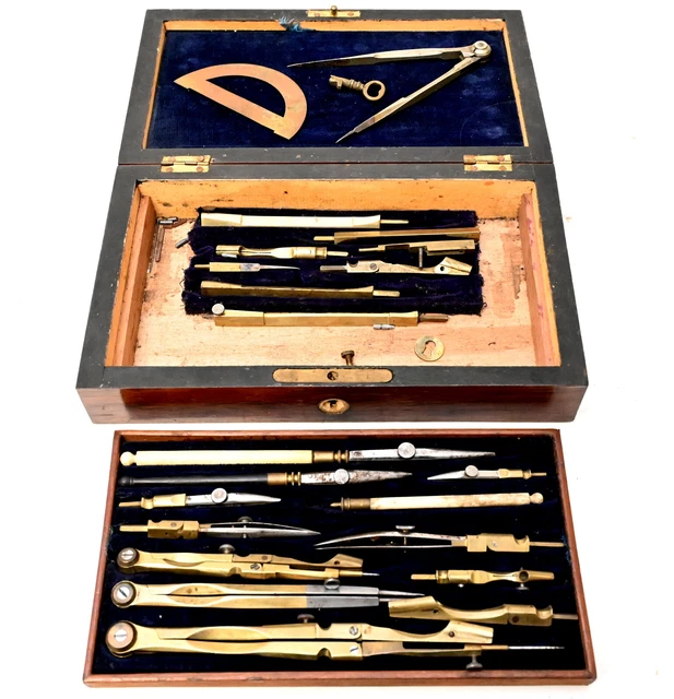 ANTIQUE SET BRASS Technical Drawing Instruments In Mahogany Case ...