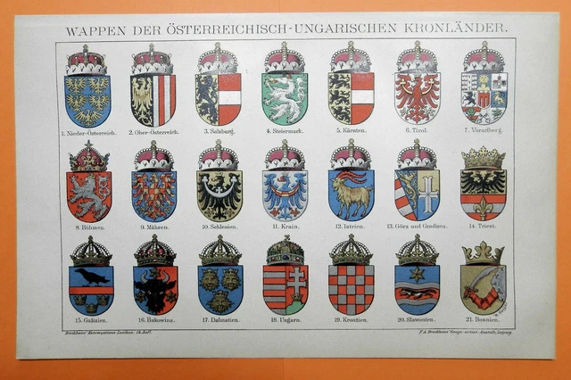 WAPPEN ÖSTERREICH UNGARN Länderwappen Kronländer LITHOGRAPHIE 1895 EUR ...