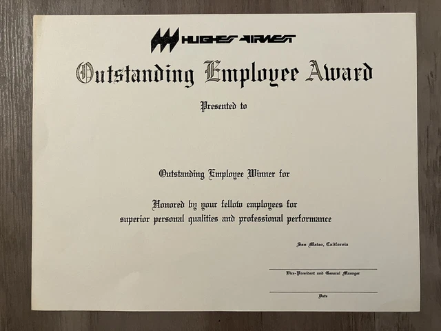 VINTAGE HUGHES AIRWEST Airlines BLANK Outstanding Employee Award on ...
