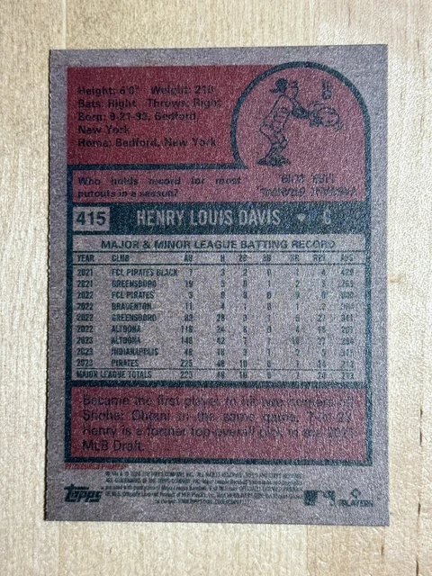 CARTA ROOKIE 2024 PITTSBURGH PIRATES ROOKIE Henry Davis Topps Heritage ...