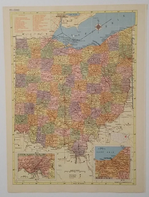 1956 ANTIQUE OHIO Atlas Map Vintage Hammond's Family Reference World ...